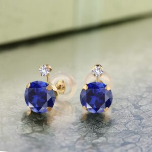 Gem Stone King 14K Yellow Gold Blue and White Created Sapphire Jewelry Earrings For Women (2.08 Cttw, Round 6MM+2MM)