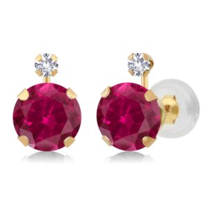 gem stone king 14k yellow gold round red created ruby and white created sapphire earrings for women (2.08 cttw, round 6mm)