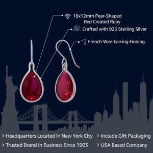 Gem Stone King 925 Sterling Silver Red Created Ruby Dangle Earrings For Women (19.24 Cttw, Pear Shape 16X12MM)