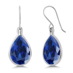 gem stone king 925 sterling silver blue created sapphire earrings | 20.40 cttw teardrop dangle earrings for women | pear shape 16x12mm