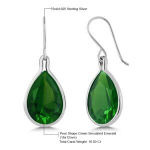 Gem Stone King 925 Sterling Silver Green Simulated Emerald Teardrop Dangle Earrings For Women | 16.50 Cttw | Pear Shape 16X12MM