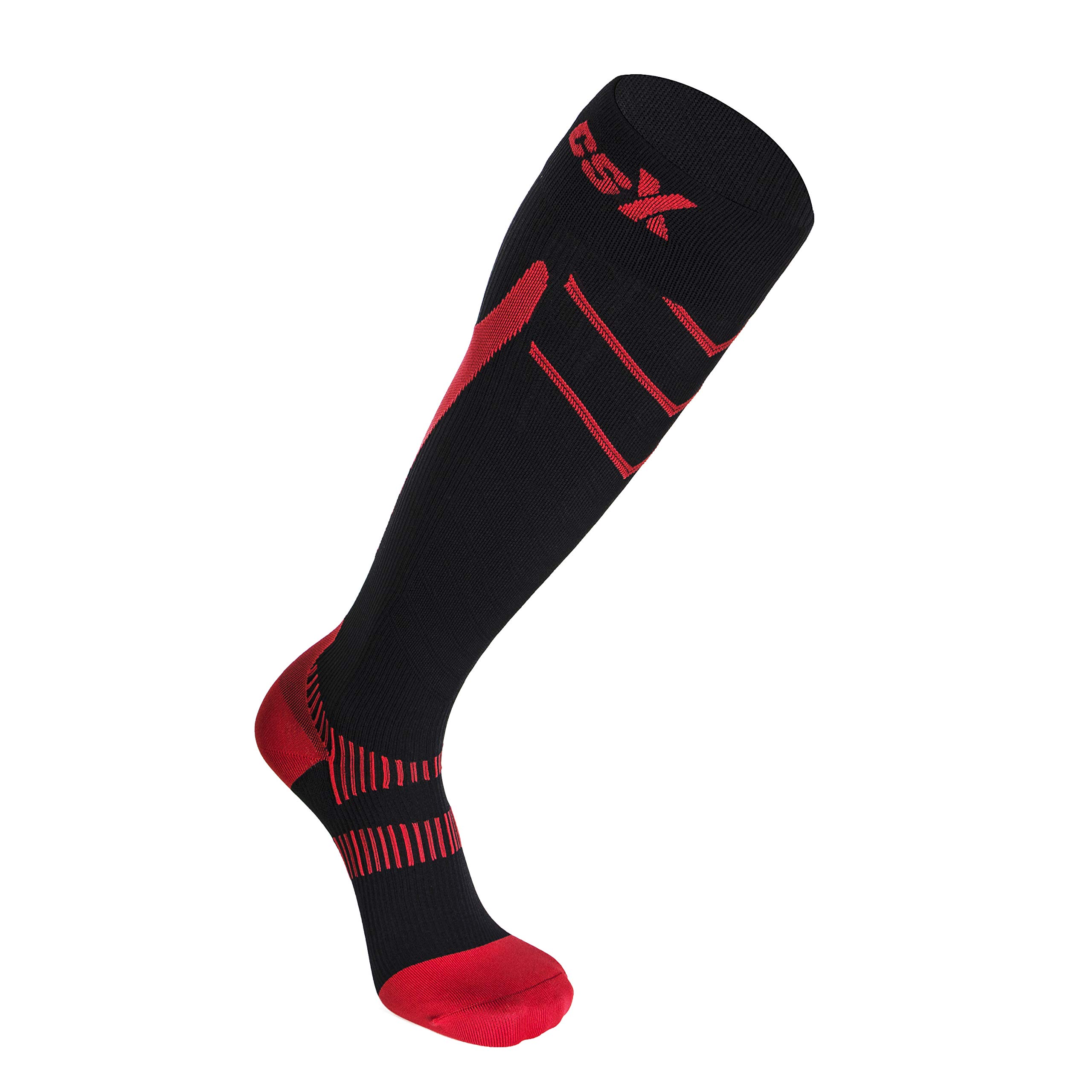 CSX 20-30 mmHg Compression Socks for Men and Women, Knee High, Recovery Support, Athletic Sport Fit, Red on Black, Medium