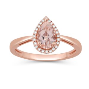 jewelili 10k rose gold 8x5 mm pear shape morganite and natural white round diamond accent halo ring, size 7