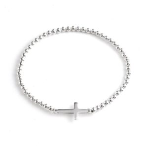 silverly cross stretch 925 sterling silver bracelet for women - ball beaded best friend bracelet - bead elastic string bracelets - christian gifts for women - bracelet for teen boys and teen girls