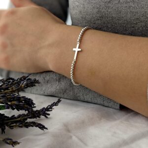 Silverly Cross Stretch 925 Sterling Silver Bracelet for Women - Ball Beaded Best Friend Bracelet - Bead Elastic String Bracelets - Christian Gifts for Women - Bracelet for Teen Boys and Teen Girls