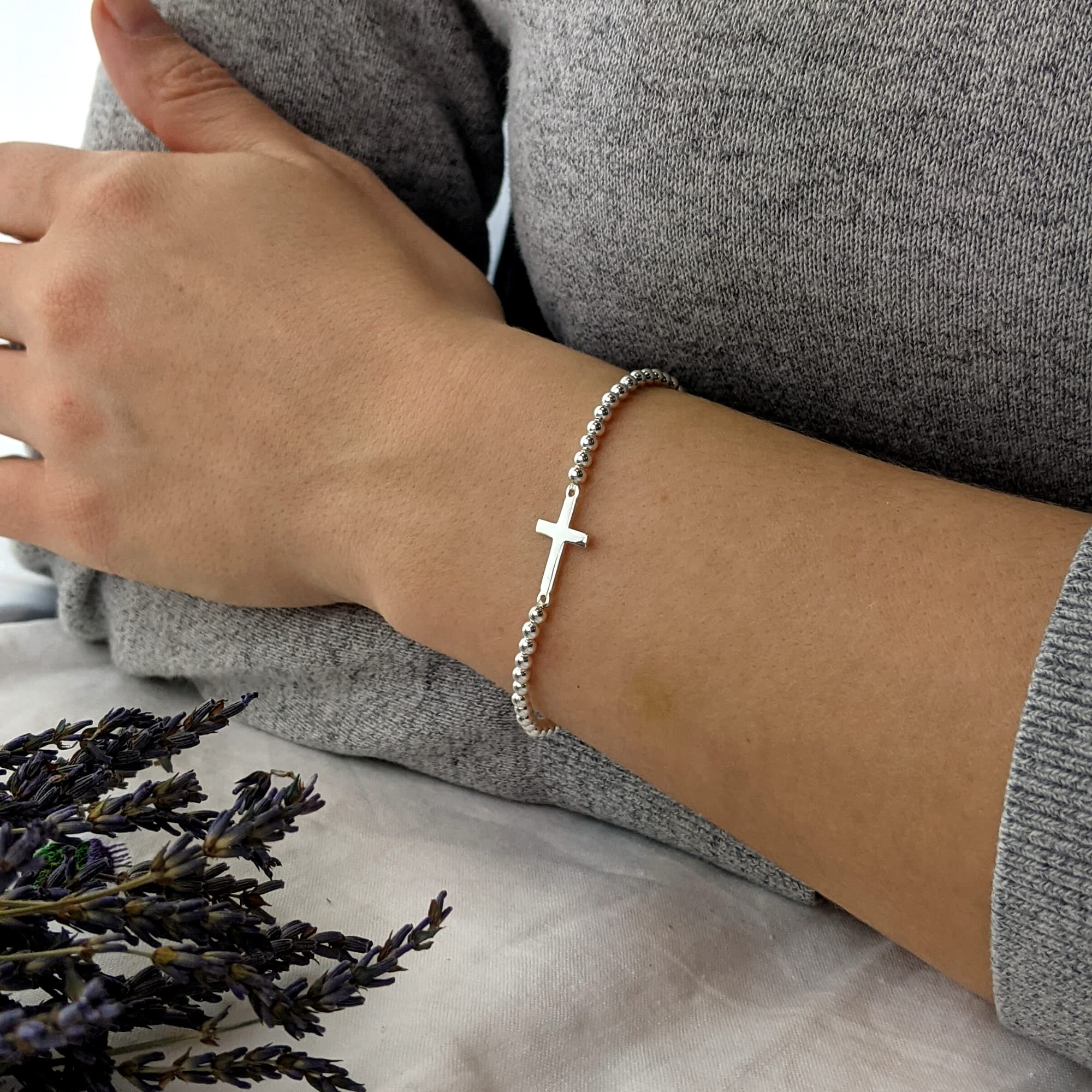 Silverly Cross Stretch 925 Sterling Silver Bracelet for Women - Ball Beaded Best Friend Bracelet - Bead Elastic String Bracelets - Christian Gifts for Women - Bracelet for Teen Boys and Teen Girls