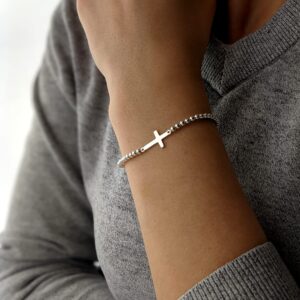 Silverly Cross Stretch 925 Sterling Silver Bracelet for Women - Ball Beaded Best Friend Bracelet - Bead Elastic String Bracelets - Christian Gifts for Women - Bracelet for Teen Boys and Teen Girls