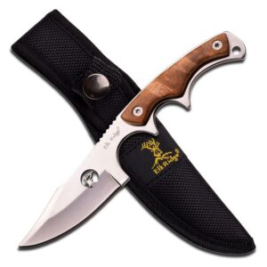 elk ridge - outdoors fixed blade knife - 6.75-in overall, mirror finished stainless steel blade, burl wood handle - full tang construction, 1680d nylon sheath - hunting, camping, survival - er-534