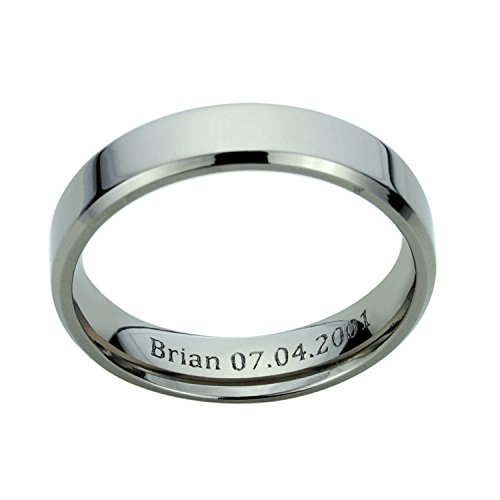 Prime Pristine Free Engraving Personalized Stainless Steel Wedding Band Ring 4MM High Polished Classy Domed Ring SZ:7