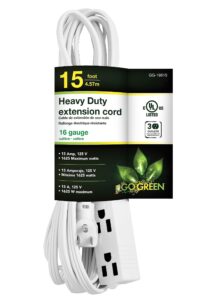 go green power inc. 15ft extension cord with 3 outlets, white - compact, flush-fit design, heavy duty, grounded plug - ideal for home & small appliances - gg-19615