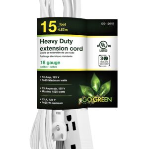 Go Green Power Inc. 15ft Extension Cord with 3 Outlets, White - Compact, Flush-Fit Design, Heavy Duty, Grounded Plug - Ideal for Home & Small Appliances - GG-19615