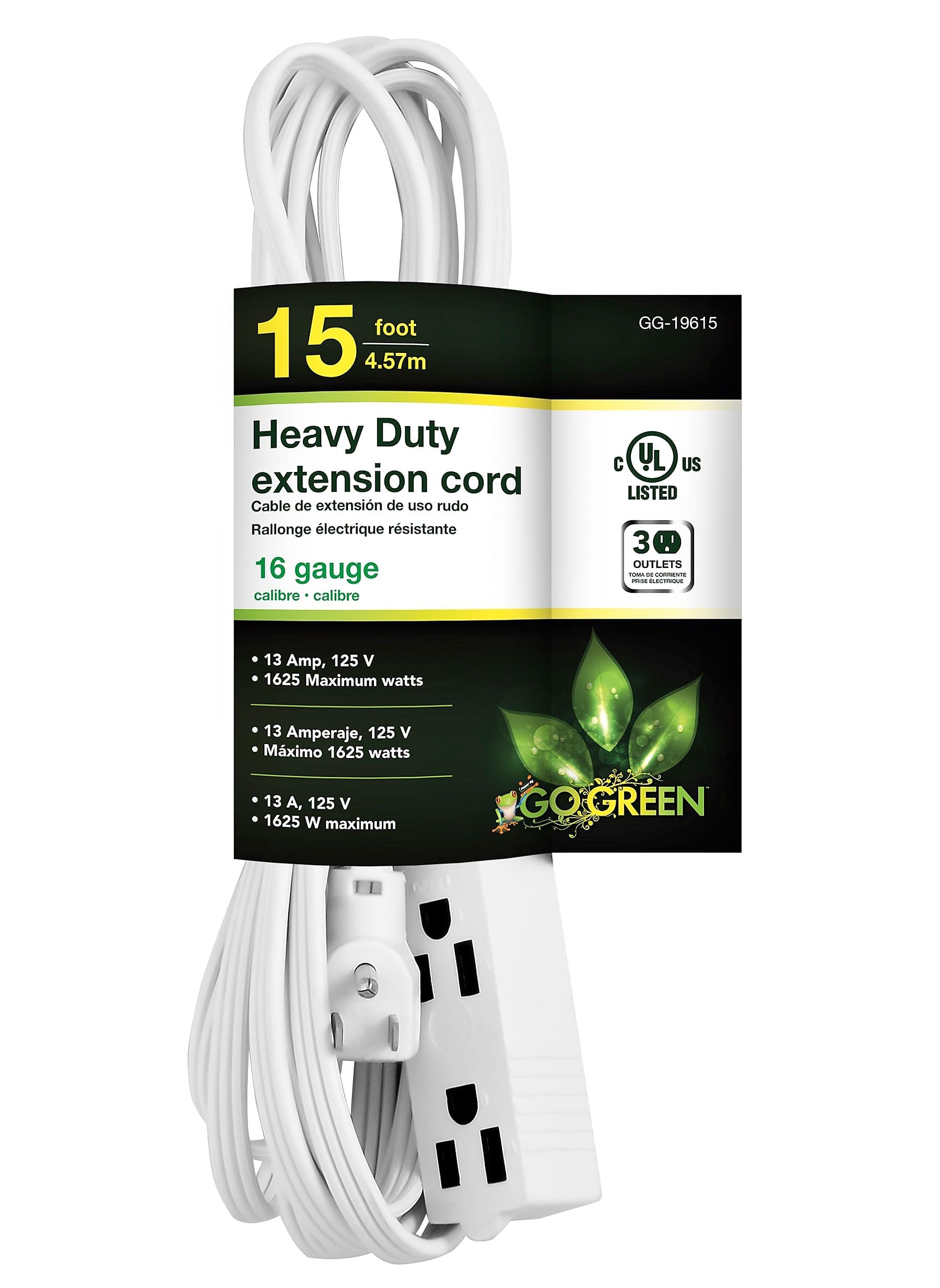 Go Green Power Inc. 15ft Extension Cord with 3 Outlets, White - Compact, Flush-Fit Design, Heavy Duty, Grounded Plug - Ideal for Home & Small Appliances - GG-19615