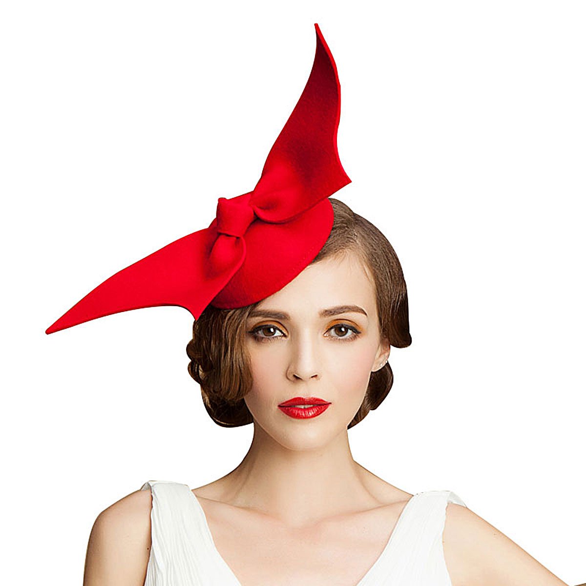 Handmade Wool Felt Women Angel Wings Fascinator Hat Cocktail Party Show A194 (Red)