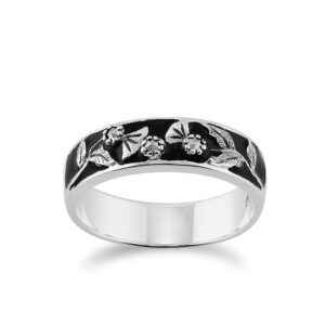 gemondo sterling silver 4.8pt marcasite & black enamel floral band ring