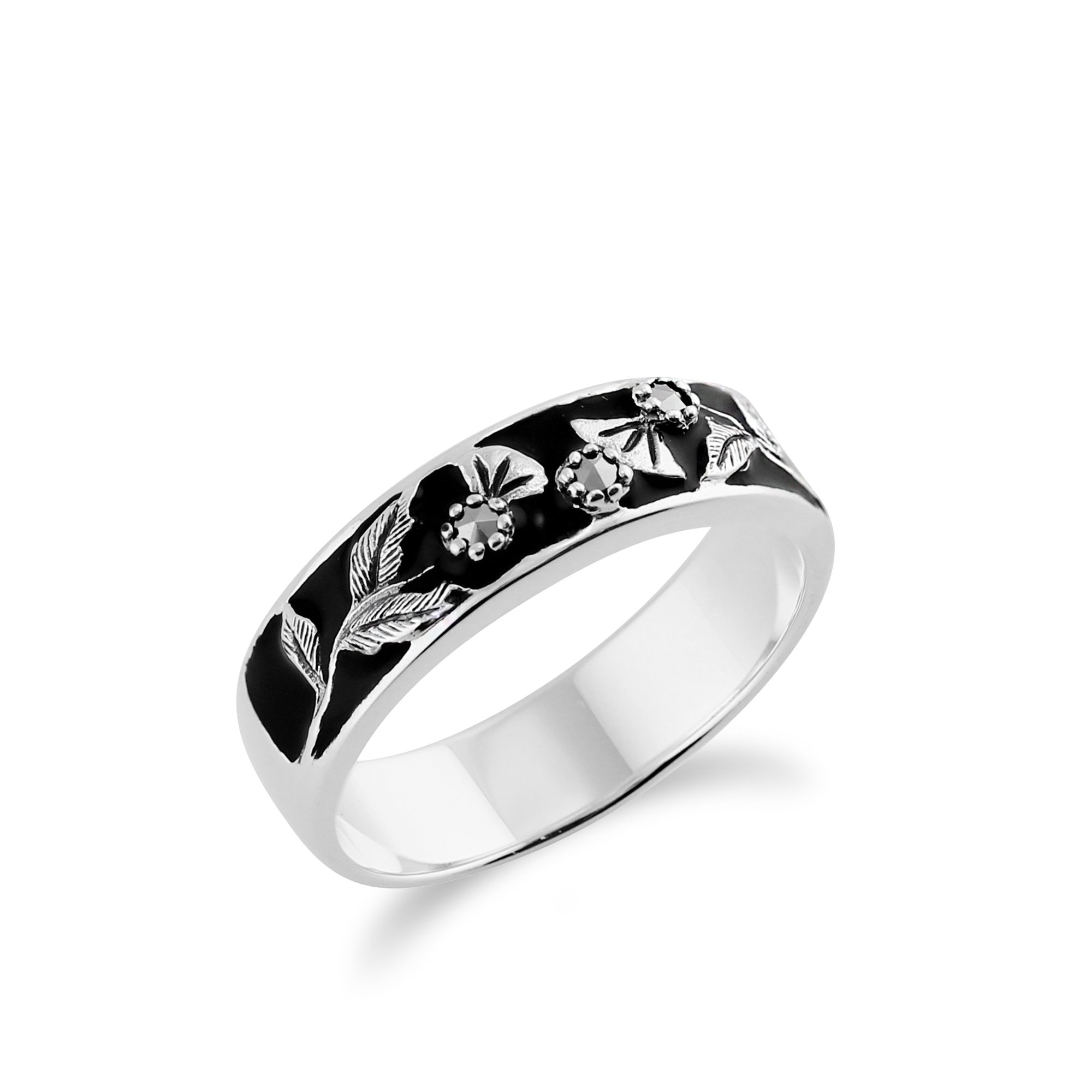 Gemondo Sterling Silver 4.8pt Marcasite & Black Enamel Floral Band Ring