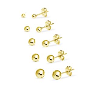 silverline jewelry 5 pair stainless steel gold tone round ball stud earrings set | 2mm 3mm 4mm 5mm 6mm