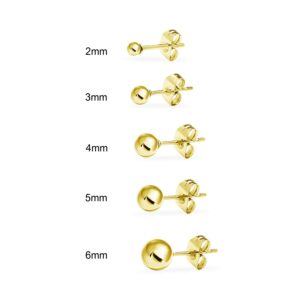 Silverline Jewelry 5 Pair Stainless Steel Gold Tone Round Ball Stud Earrings Set | 2mm 3mm 4mm 5mm 6mm