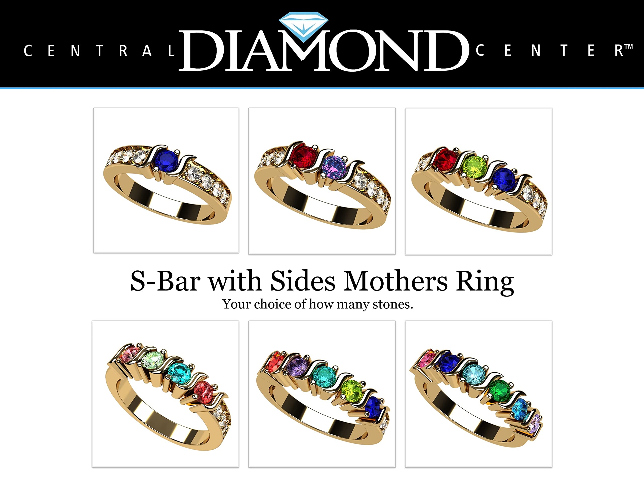 Central Diamond Center S-Bar W/Sides Mother's Ring 1 to 6 Simulated Birthstones - 10k Yellow Gold - Size 6.5