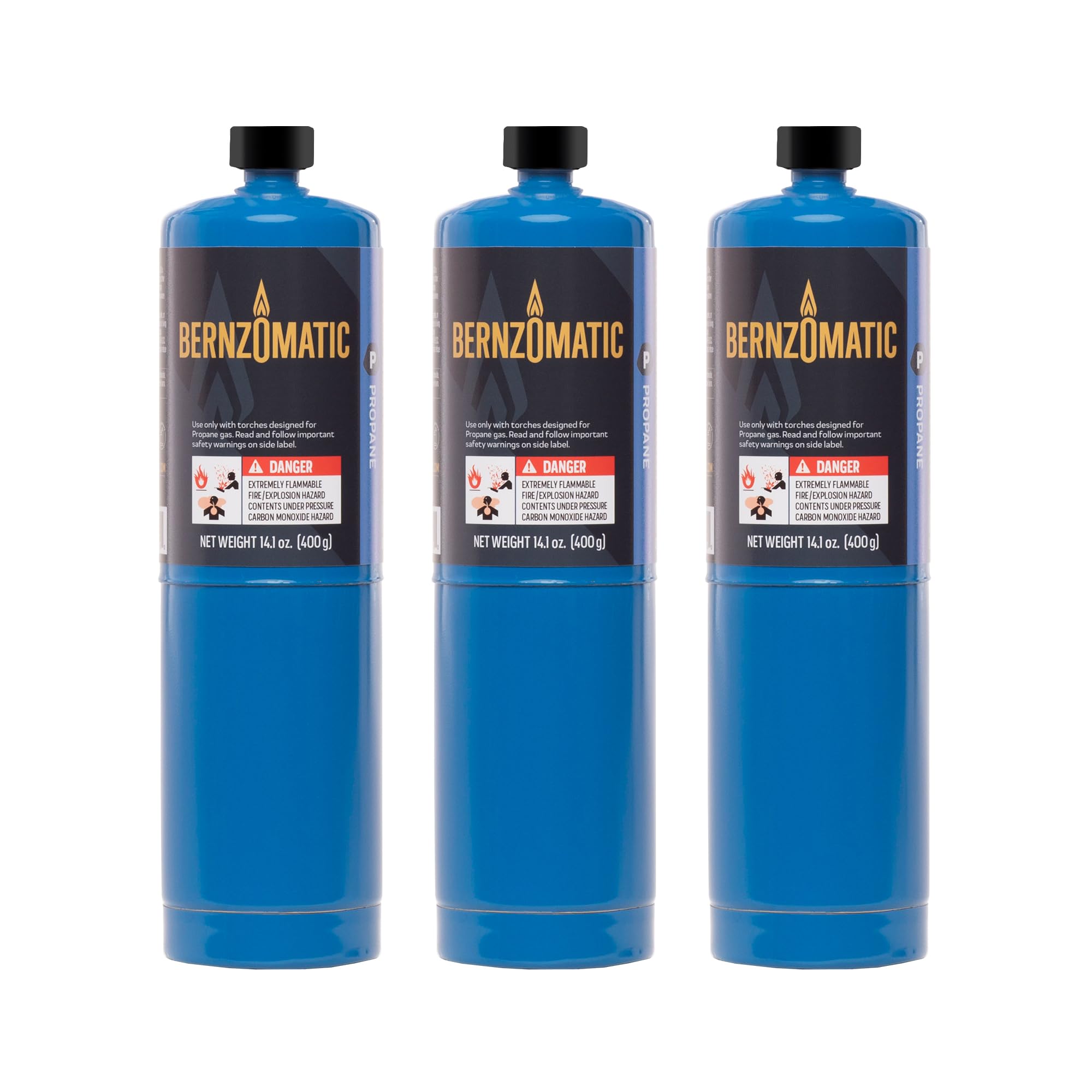 Bernzomatic Standard Propane Fuel Cylinder - Pack of 3 | 14.1 OZ. Propane Hand Torch Cylinder | Portable and Convenient Fuel Source | Durable Steel Construction | Compatible with Digital Fuel Gauge | High In-Air Flame Temperature of 3,600 Degrees Fahrenhe