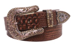 snap on western faux crocodile print rhinestone leather belt, brown | l/xl - 40"