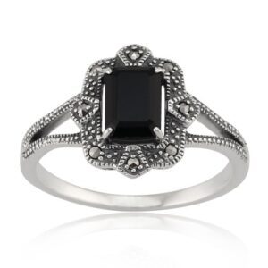 925 sterling silver art deco black spinel & marcasite ring