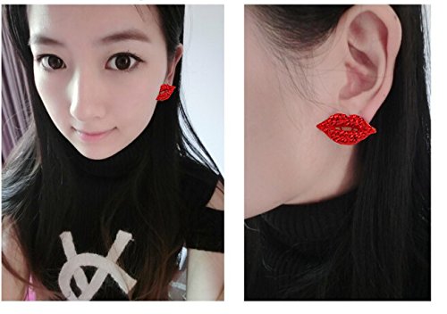 Fashionable Cute Sparkling Red Crystal Embellished Lips Kiss Stud Earrings for girls, teens and women (Red)