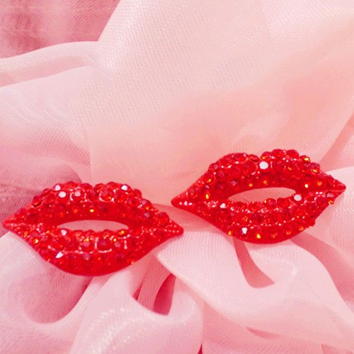 Fashionable Cute Sparkling Red Crystal Embellished Lips Kiss Stud Earrings for girls, teens and women (Red)