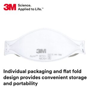 3M Aura Particulate Respirator 9210+, N95, Pack of 240 Disposable Respirators, Convenient Individually Wrapped, Stapled Flat Fold Design, Low Profile Design Reduces Eyewear Fogging, Pack of 12