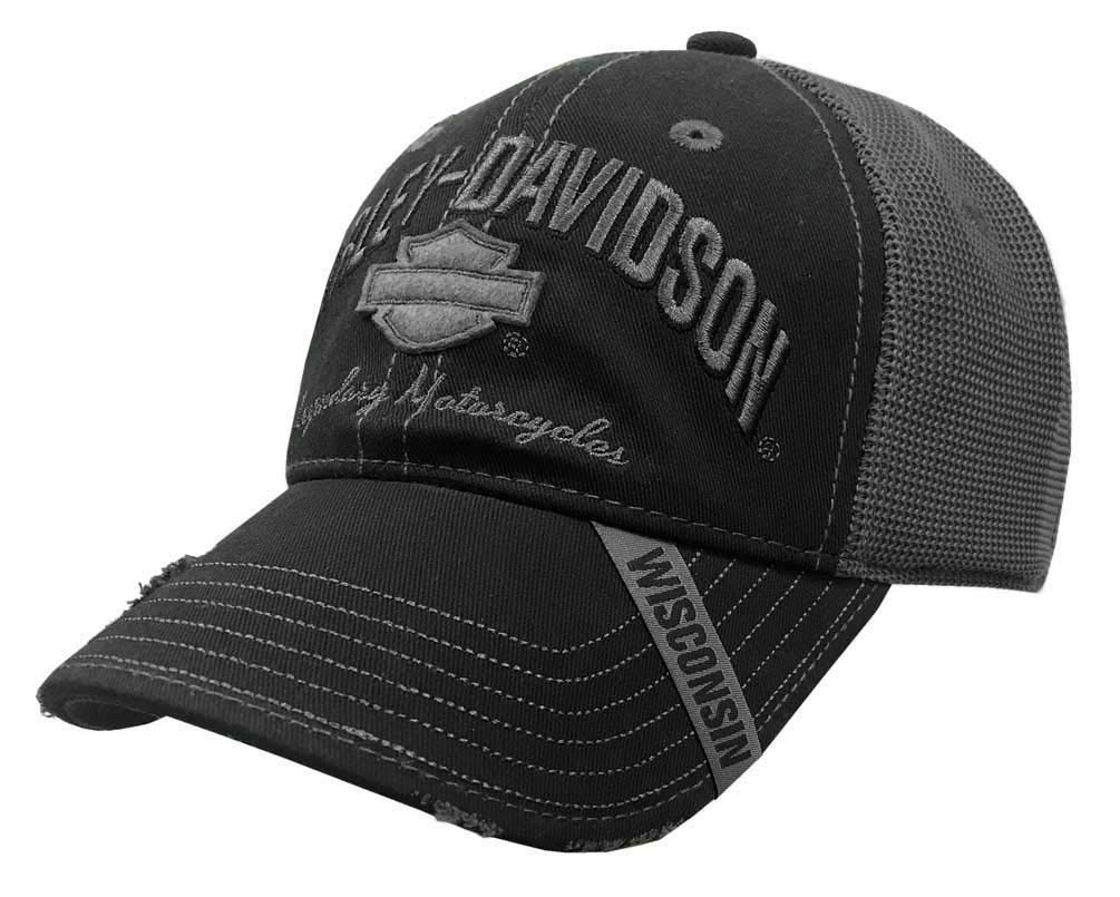 Harley-Davidson Men's Baseball Cap, H-D Bar & Shield Mesh Hat w/Distrssed Bill Black