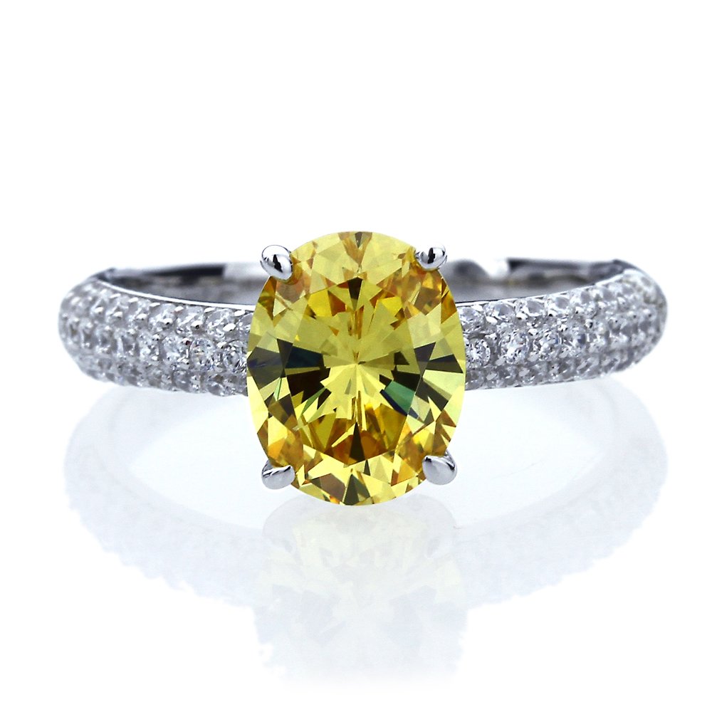 DoubleAccent Platinum Plated Sterling Silver Ring 2.5 CT Canary Yellow Oval CZ Stone Modern Cocktail Ring (Size 5 to 9), 7