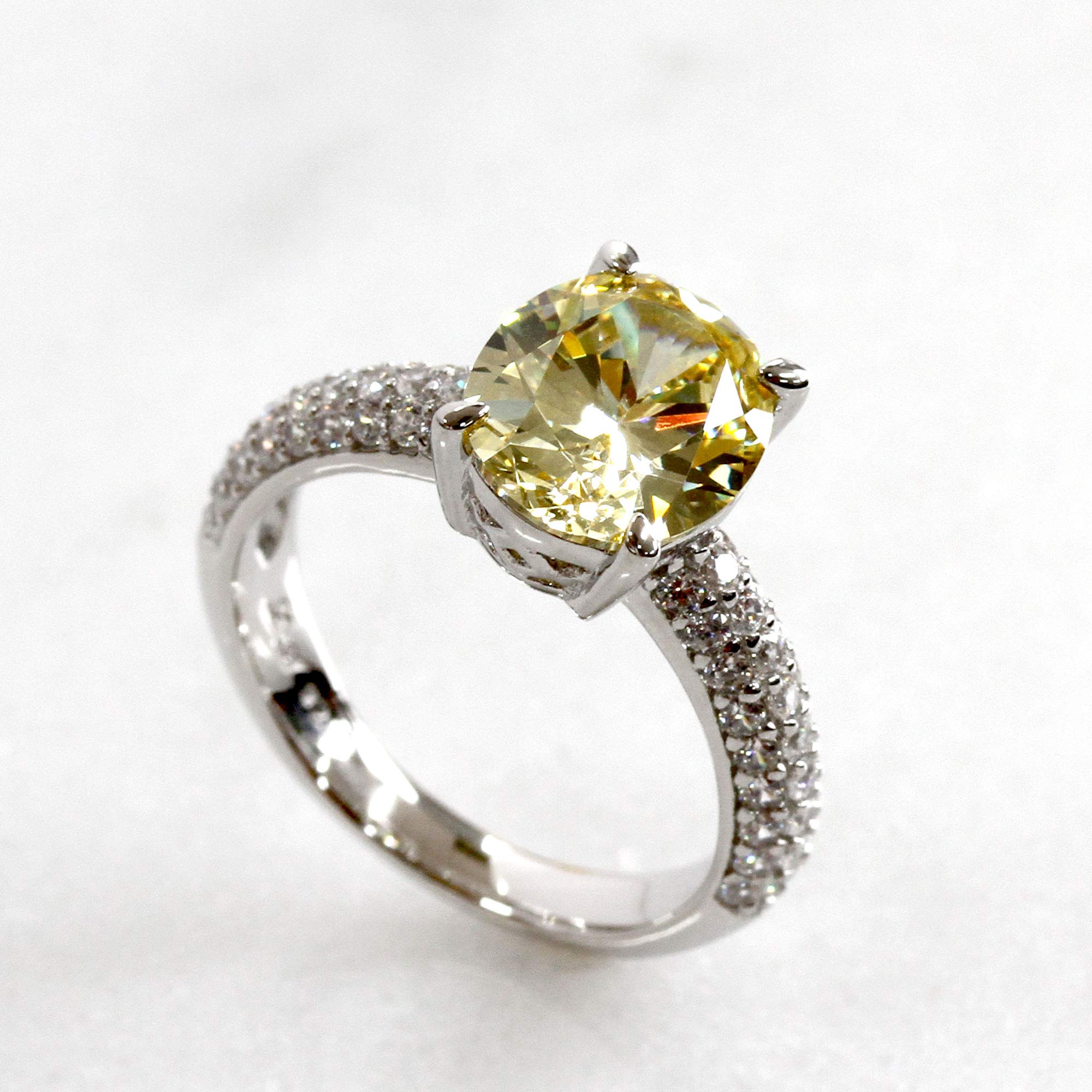 DoubleAccent Platinum Plated Sterling Silver Ring 2.5 CT Canary Yellow Oval CZ Stone Modern Cocktail Ring (Size 5 to 9), 7