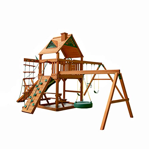 Gorilla Playsets 01-0004-AP Frontier Wood Swing Set with Wood Roof, Tire Swing, Two Belt Swings, Picnic Table, Sandbox, Rock Climbing Wall, Amber