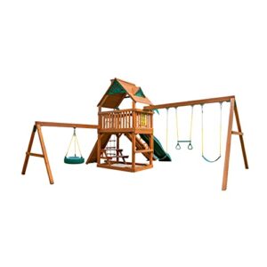 Gorilla Playsets 01-0004-AP Frontier Wood Swing Set with Wood Roof, Tire Swing, Two Belt Swings, Picnic Table, Sandbox, Rock Climbing Wall, Amber