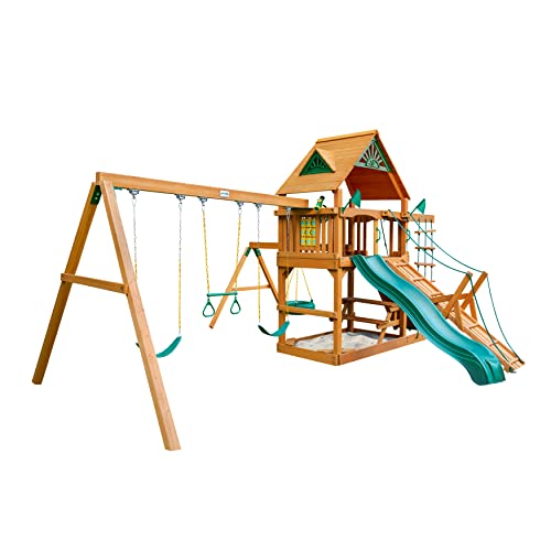 Gorilla Playsets 01-0004-AP Frontier Wood Swing Set with Wood Roof, Tire Swing, Two Belt Swings, Picnic Table, Sandbox, Rock Climbing Wall, Amber