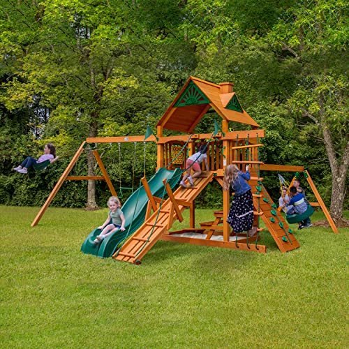 Gorilla Playsets 01-0004-AP Frontier Wood Swing Set with Wood Roof, Tire Swing, Two Belt Swings, Picnic Table, Sandbox, Rock Climbing Wall, Amber