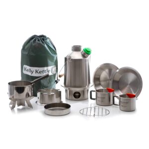 kelly kettle ultimate scout kit 41 oz. stainless steel camp kettle, lightweight camping kettle with whistle, camp stove for fishing, hunting, hiking, survival gear