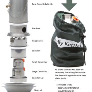 Kelly Kettle Ultimate Scout Kit 41 oz. Stainless Steel Camp Kettle, Lightweight Camping Kettle with Whistle, Camp Stove for Fishing, Hunting, Hiking, Survival Gear