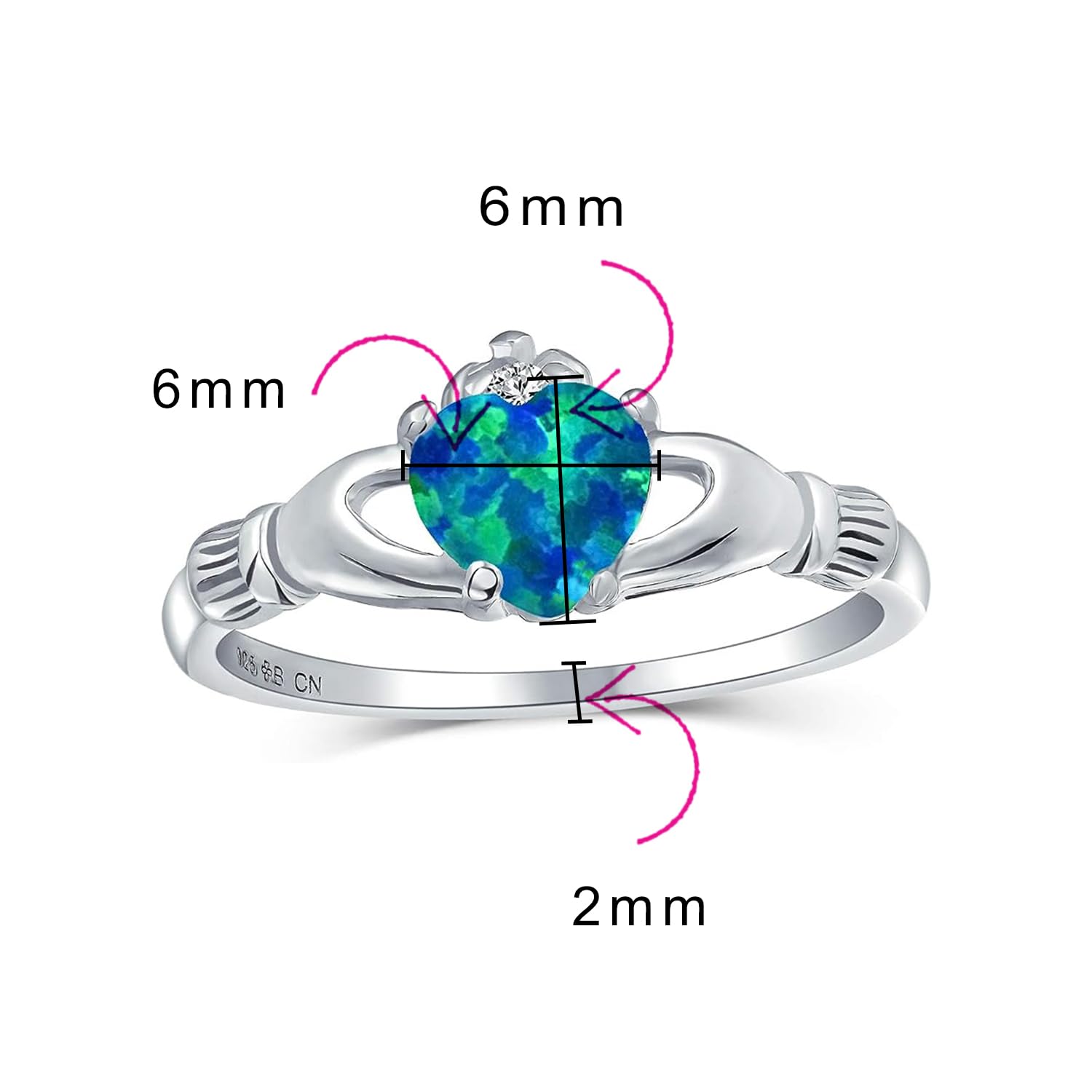 Personalize Sorority Sister BFF Celtic Irish Friendship Promise Crown Heart Blue Created Opal Claddagh Ring For Women Teen .925 Sterling Silver October Birthstone Customizable