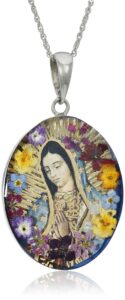 amazon essentials sterling silver virgin mary of guadalupe pressed flower pendant necklace, 18' (previously amazon collection)