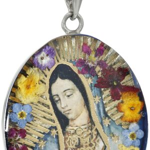 Amazon Essentials Sterling Silver Virgin Mary of Guadalupe Pressed Flower Pendant Necklace, 18' (previously Amazon Collection)