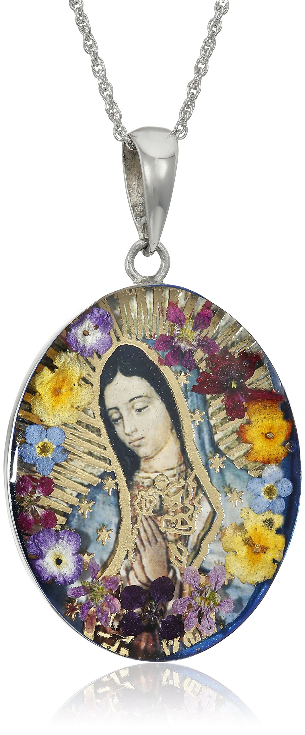 Amazon Essentials Sterling Silver Virgin Mary of Guadalupe Pressed Flower Pendant Necklace, 18' (previously Amazon Collection)