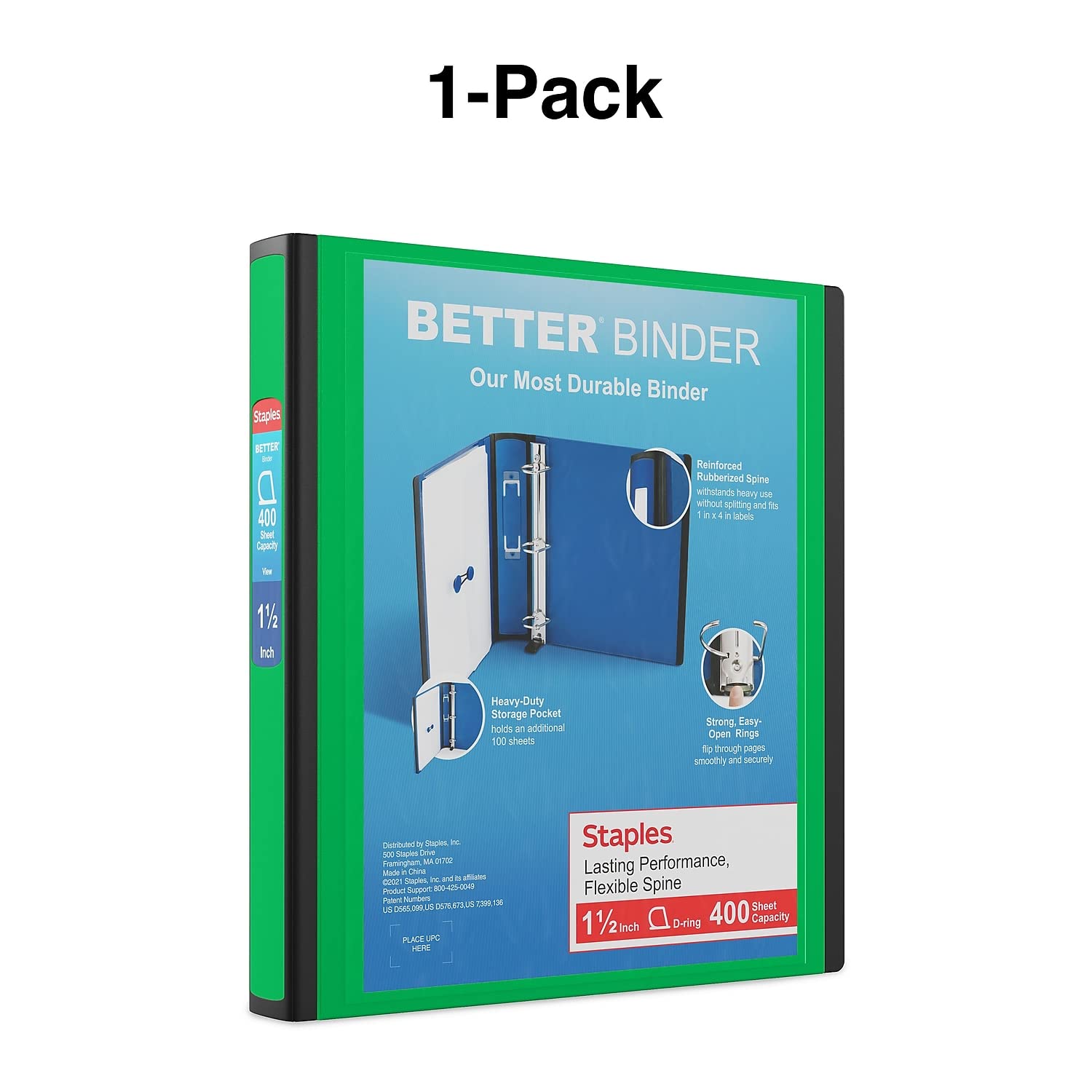 Staples 827607 1.5-Inch 3-Ring Better Binder Green (19059)