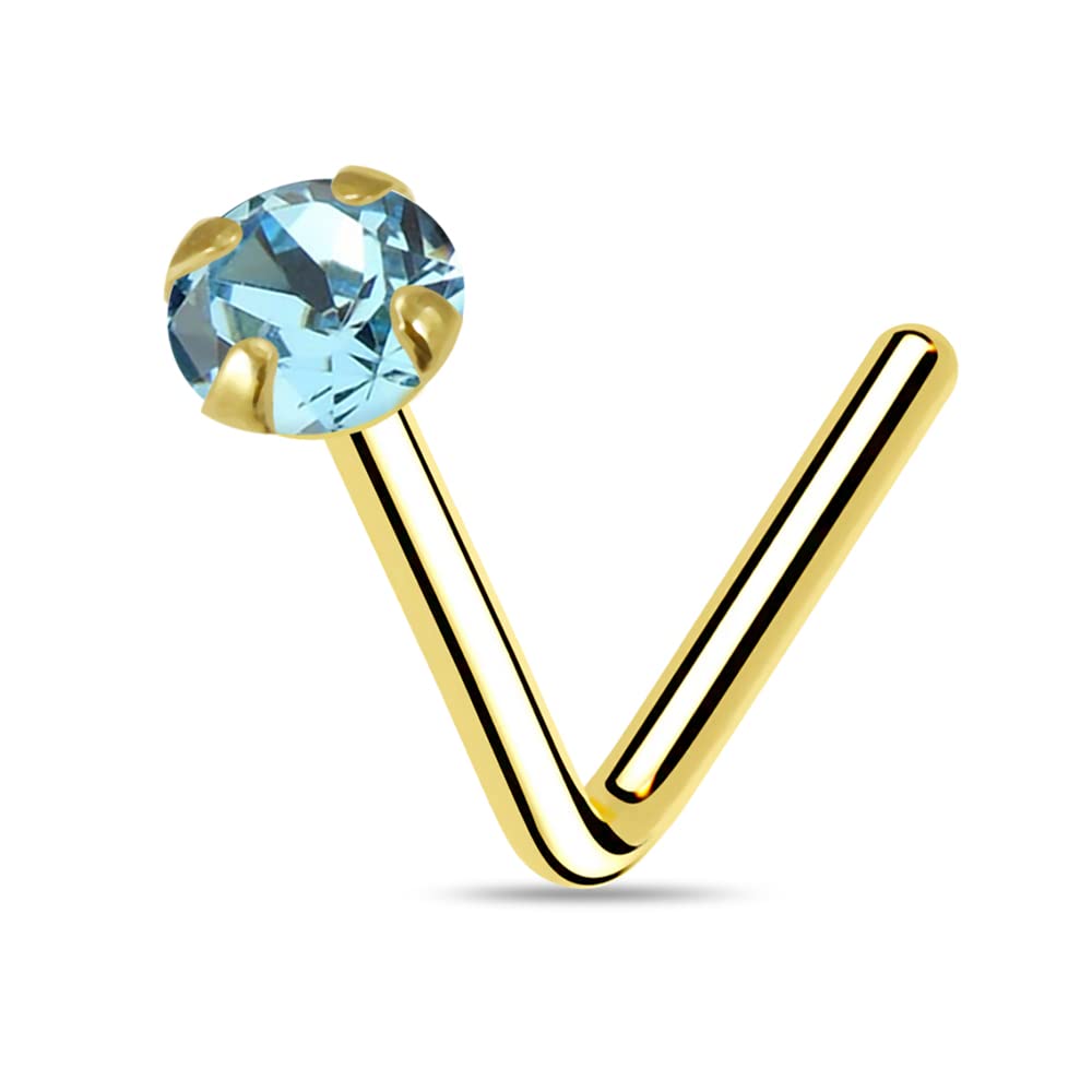 PiercingPoint 9K Solid Yellow Gold Claw Set 1.5MM Aquamarine Genuine Crystals Stone 22 Gauge L-Shape Nose Stud Jewelry