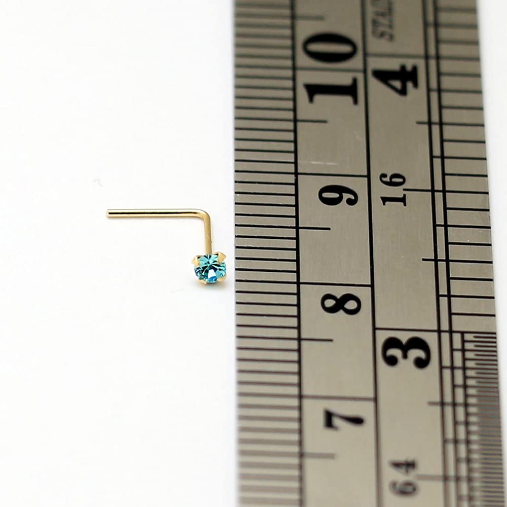 PiercingPoint 9K Solid Yellow Gold Claw Set 1.5MM Aquamarine Genuine Crystals Stone 22 Gauge L-Shape Nose Stud Jewelry