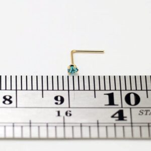 PiercingPoint 9K Solid Yellow Gold Claw Set 1.5MM Aquamarine Genuine Crystals Stone 22 Gauge L-Shape Nose Stud Jewelry