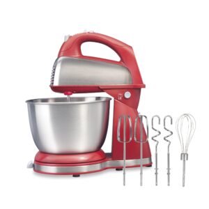 hamilton beach classic stand and hand mixer, 4 quarts, 6 speeds with quickburst, bowl rest, 290 watts peak power, red (64654)