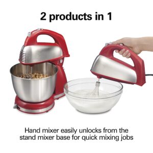 Hamilton Beach Classic Stand and Hand Mixer, 4 Quarts, 6 Speeds with QuickBurst, Bowl Rest, 290 Watts Peak Power, Red (64654)