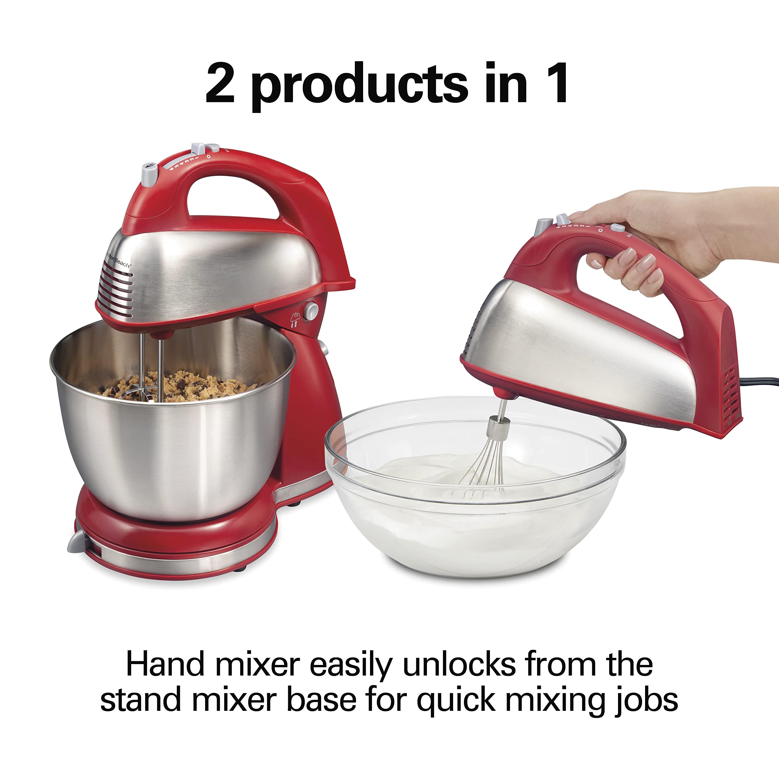 Hamilton Beach Classic Stand and Hand Mixer, 4 Quarts, 6 Speeds with QuickBurst, Bowl Rest, 290 Watts Peak Power, Red (64654)