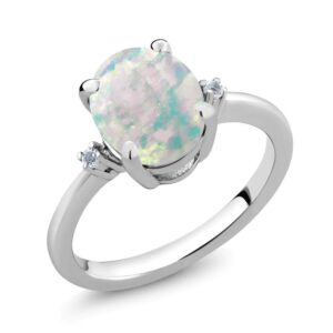 gem stone king 925 sterling silver cabochon white simulated opal and white diamond 3-stone engagement ring for women (2.16 cttw, available in size 5, 6, 7, 8, 9)