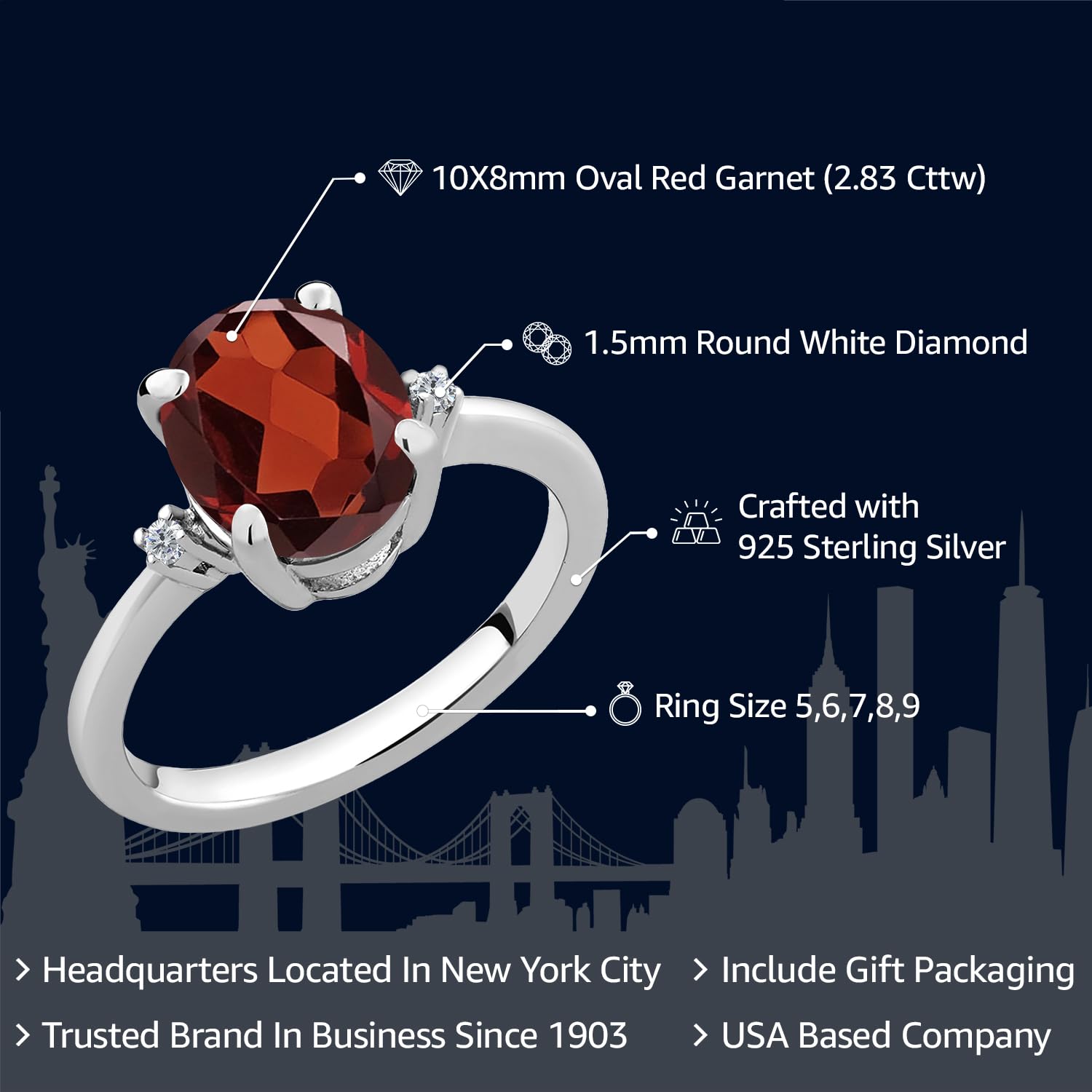 Gem Stone King 925 Sterling Silver Red Garnet and White Diamond Engagement Ring For Women | 2.83 Cttw | Oval 10X8MM | Gemstone Birthstone | Available 5,6,7,8,9 (Size 9)